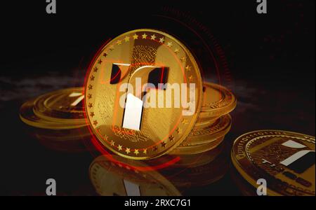TrueUSD stablecoin TUSD cryptocurrency gold coin on green screen ...