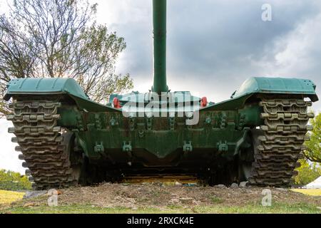 Soviet-made old green T-72 tank from the front and from below Stock ...