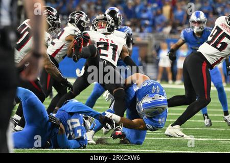 Atlanta Falcons cornerback Mike Ford (28) walks off the field with head ...