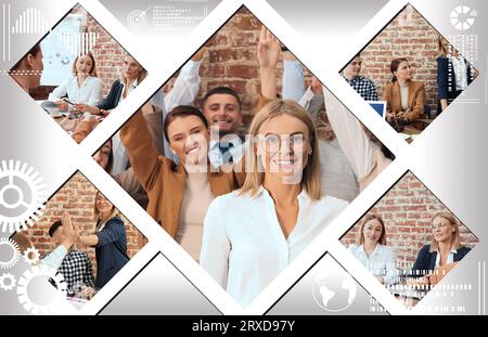 Partner, collaboration. Collage with photos of businesspeople, banner ...