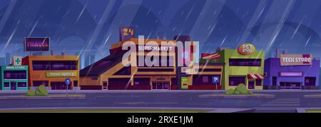 Parking with autos outside supermarket. Vector cartoon illustration of ...