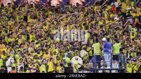 Fans of Al-Nassr SFC cheer during their Match Day 7 of the SAFF Roshn ...