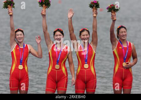 Gold medalists Chen Yunxia, Zhang Ling, Lyu Yang and Cui Xiaotong of China pose for the media ...