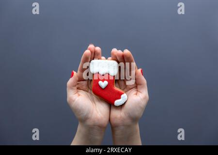 Christmas cookies. Top view of female hands holding, cooking raw ...