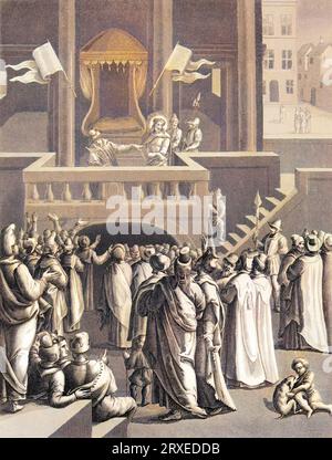 Pontius Pilate presents Jesus Christ with thorns to the crowd saying ...