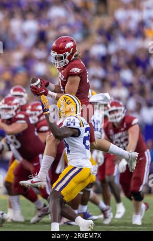 Arkansas wide receiver Isaac TeSlaa speaks during a press conference at ...