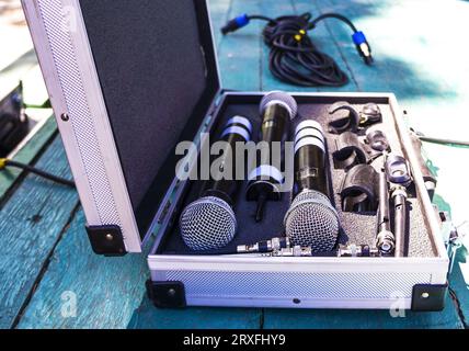 Microphones in a box. concept polyphony, different styles of music ...