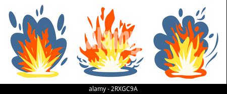 Cartoon explosions. Comic fantasy blast effect with fire and smoke ...
