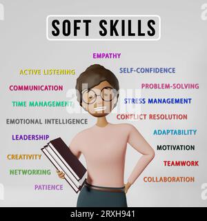 Soft Skills 3D rendering infographic. Young woman employee character ...