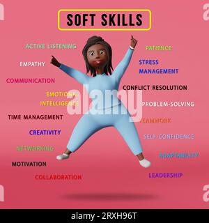 Soft Skills 3D rendering infographic. Young woman employee character ...