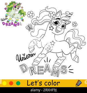 Cute dreaming unicorn with flowers. Coloring book page for children ...