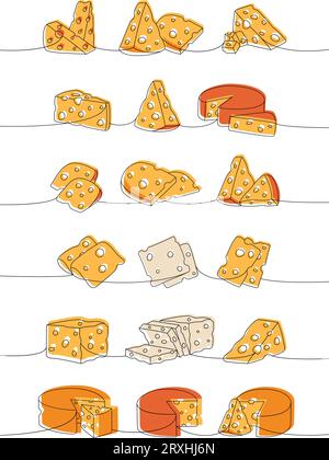 Set of cheese one line continuous drawing. Different types of cheese ...