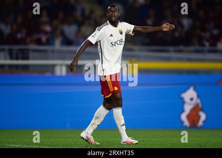 Evan NDicka of AS Roma gestures during the Serie A football match ...