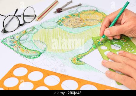 Landscape architect design stone patio in backyard garden plan Stock ...