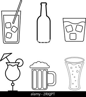 line liquor beverages bottles and glass on table Stock Vector Image ...