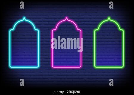Neon shape Islamic door and window silhouette Glowing arabic arch ...