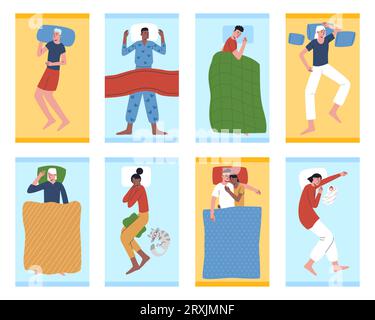 Couple sleep poses. Man and woman resting bed, different positions, guy ...
