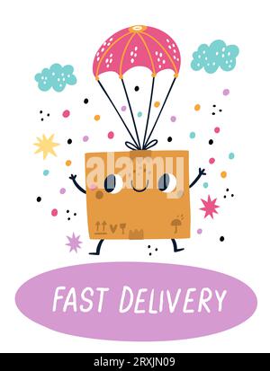 Cardboard box flying on parachute sticker cartoon illustration Stock ...