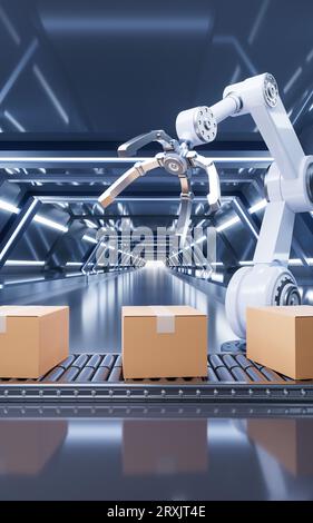 Packaging box and mechanical arm, 3d rendering. Digital drawing Stock ...