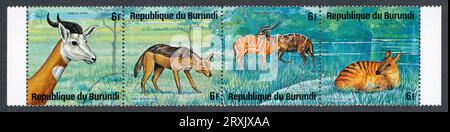 Strip of 4 Stamps with African Animals. Burundi, 1975. Animals: Vulpes ...