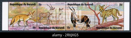 Strip of 4 Stamps with African Animals. Burundi, 1975. Animals ...