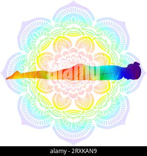 Colorful silhouette yoga posture. Reverse Corpse with Prayer Hands pose ...