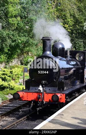 L&Y class 25 0-6-0 2F locomotive No 52044 arrives at Haworth station on ...