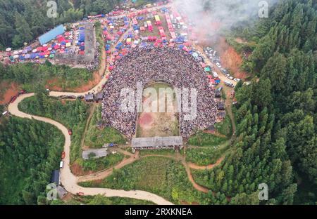 Aerial photo shows people watching the "Iron Flower" performance of an ...