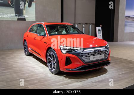 Audi Q8 e-tron fully-electric SUV car at the Brussels Autosalon ...