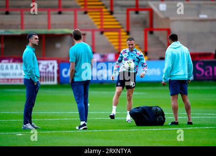 Cauley Woodrow of Luton Town warms up during the Premier League match ...
