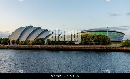 SEC Armadillo auditorium and the OVO Hydro indoor arena at dusk within ...