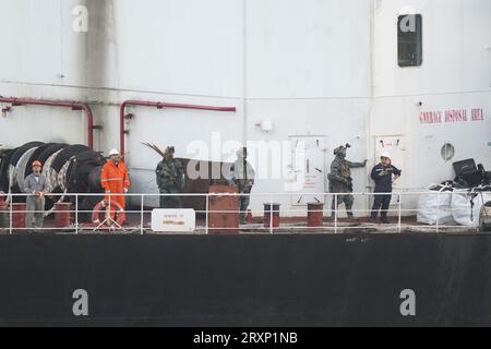 Military personnel onboard a cargo vessel named MV Matthew whilst it's ...