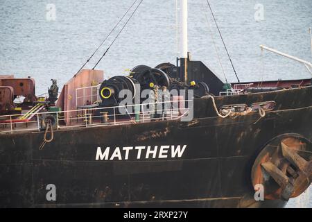 Military personnel onboard a cargo vessel named MV Matthew whilst it's ...