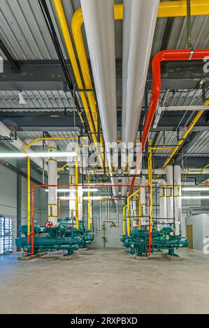 Compressor room in ammonia-cycle industrial refrigeration cold-storage ...