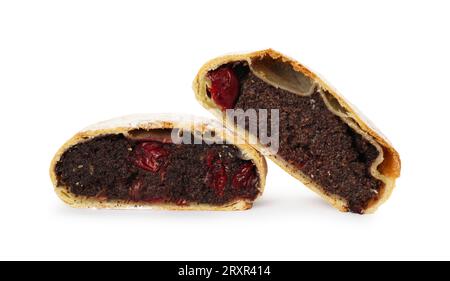 Delicious cut strudel with cherries and poppy seeds isolated on white ...