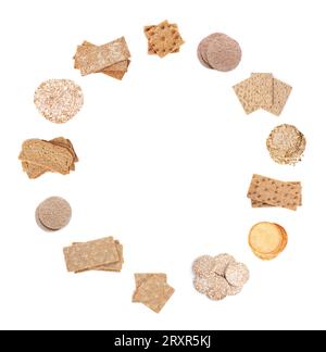 Frame of tasty crispbreads on white background Stock Photo - Alamy