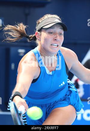 Spain's Cristina Bucsa returns the ball to Russia's Mirra Andreeva during their first round ...