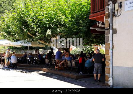 Bera, Navarre,Spain- August 14, 2023: Bar terrace with beautiful trees ...
