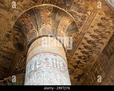 Column in the Temple of Hathor, which began construction in 54 BCE ...