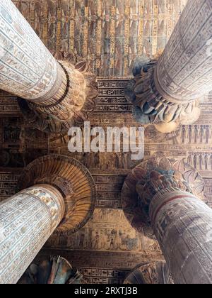 Columns in the Temple of Hathor, which began construction in 54 BCE ...