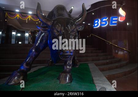 Bronze bull statue at bombay stock exchange BSE ; Bombay ; Mumbai ...