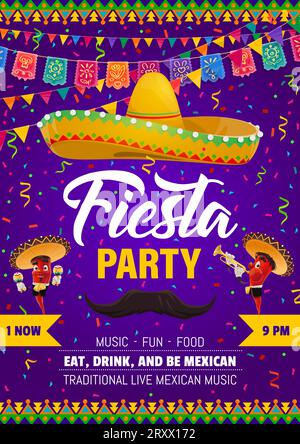 Mexican fiesta party flyer with sombrero, tequila and guitar, Mexico ...