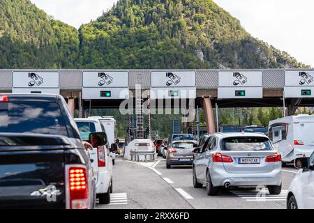 Italy - September 23, 2023: Traffic jam at a toll booth on the highway ...