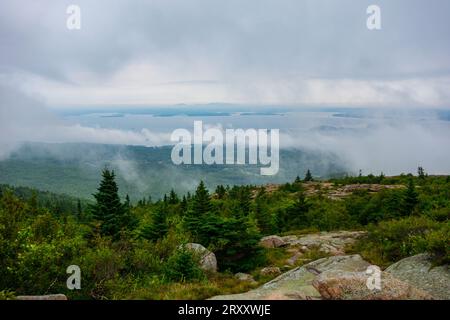 Cloudy and windy day on Cadillac Mountain summit with views of Bar ...