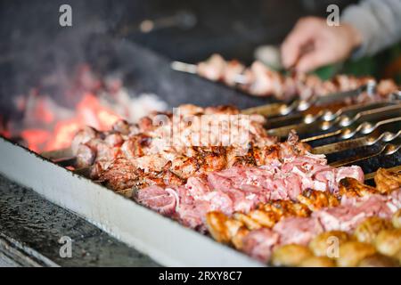Man frying shish kebab on barbecue grill, open fire on a summer day in ...