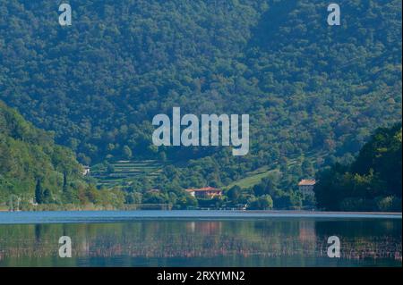 Panoramic lake Lago di Segrino against huge mountain background, in ...