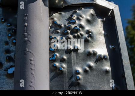 Metal shield shot from shotgun shot, exit holes in the metal Stock ...