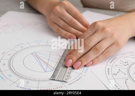 Astrologer calculating natal chart for making forecast of fate at table ...