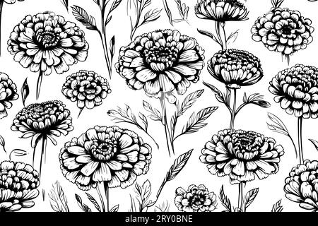 Sketch Calendula pattern. Isolated medical flower and leaves marigold ...