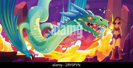 Girl caress fantasy dragon magic fire vector background scene. Landing ...